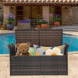 BAYUELSWU 33Gallon Outdoor Wicker Storage Bench with Removable Cushion, Waterproof PE Rattan Deck Box with Handles for Patio Furniture Cushions, Toys and Garden Tools (Brown)