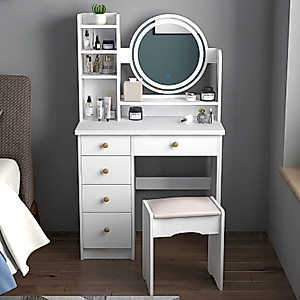 FUFU&GAGA Vanity Set with Round Mirror, Makeup Vanity Dressing Table with 5 Drawers, Shelves, Dresser Desk and Cushioned Stool Set (White/Lighted Mirror)