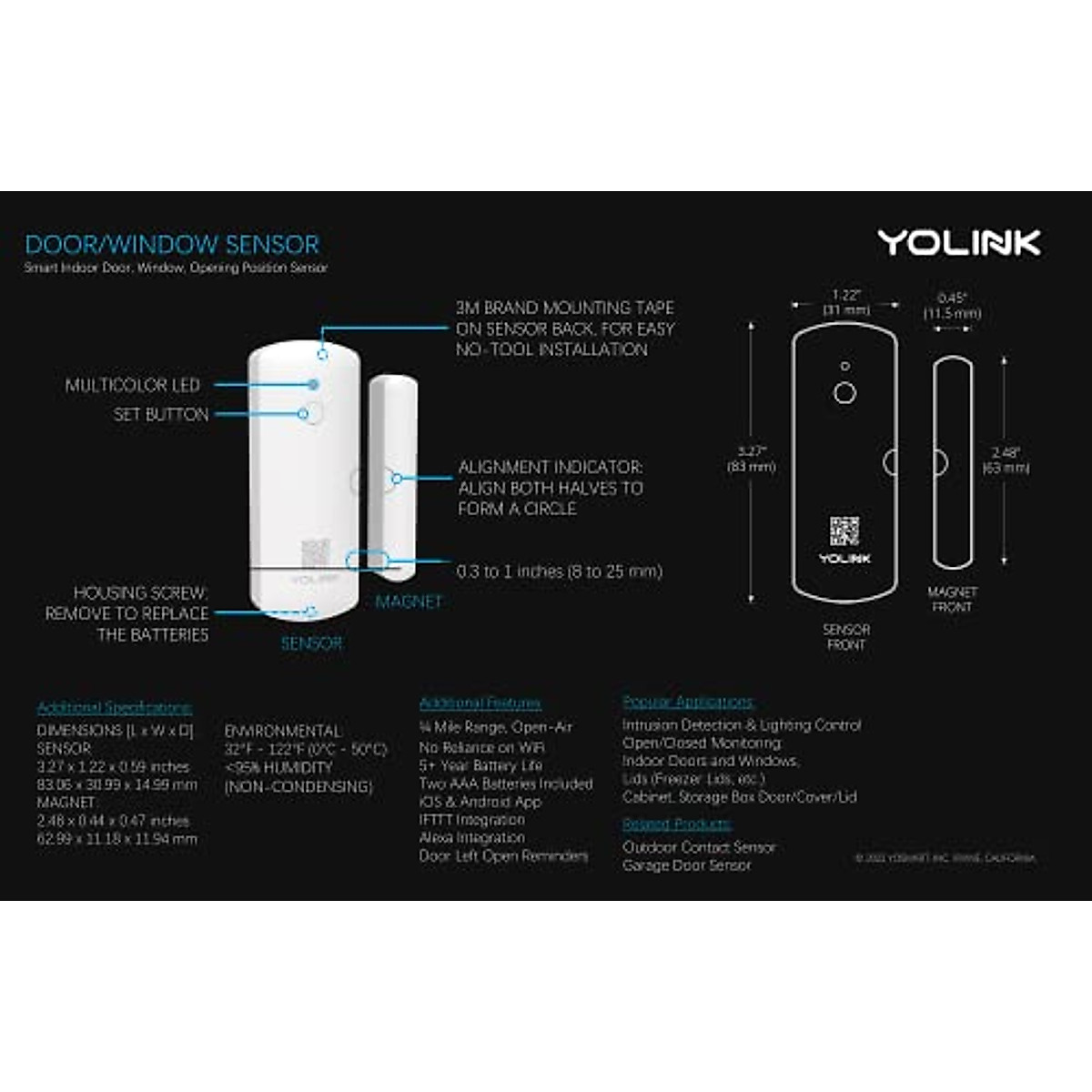 YoLink 1/4 Mile World's Longest Range Wireless Door Sensor, Android-iOS App Smart Door Window Sensor, Compatible with Alexa, IFTTT, Home Assistant, 3 Packs - YoLink Hub Required