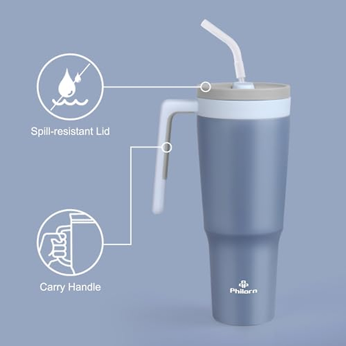 PHILORN 40 oz Tumbler with Handle and Straw Lid, 100% Leak-proof Stainless Steel Tumbler，Large Travel Water Mug Vacuum Insulated Spill Proof for Cold Coffee and Tea - Gifts for Women Men