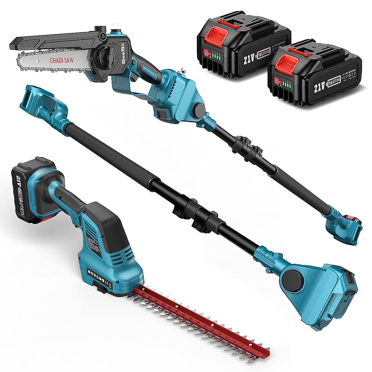 Seesii 6-in-1 Cordless Pole Saw and Pole Hedge Trimmer Grass Shears Combo Kit, Electric Mini Chainsaw with 2*4.0 Ah Batteries, Extension Tree Prunner, Bush Trimmer Limb Branch Cutter, 16ft Long Reach