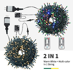 MZD8391 Color Changing Christmas String Lights Outdoor Indoor, 108FT 300 LED Warm White Multicolor Fairy Lights, END to END Connect, Waterproof Christmas Tree Lights Timer Remote