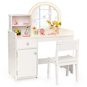 INFANS Kids Vanity, Princess Makeup Desk and Chair Set with Lights Mirror Drawer Storage Shelves, Wooden Dressing Table, Pretend Play Vanity Set for Toddler Girls