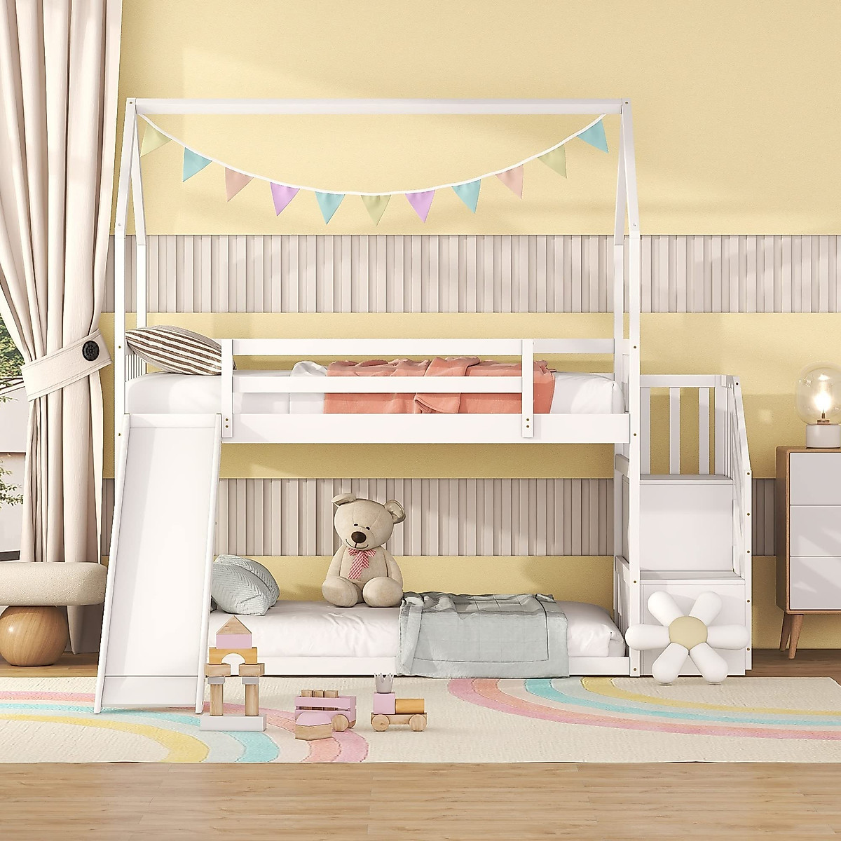 Bellemave House Bunk Beds with Stairs and Slide Low Twin Over Twin Solid Wood Floor Bunk Bed for Kids Girls Boys Teens, White