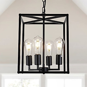 GZDEZCL 4-Light Black Farmhouse Chandelier Light Fixture Rustic Lantern Pendant Light Industrial Cage Hanging Lights for Kitchen Island Foyer Entryway Dining Room Hallway