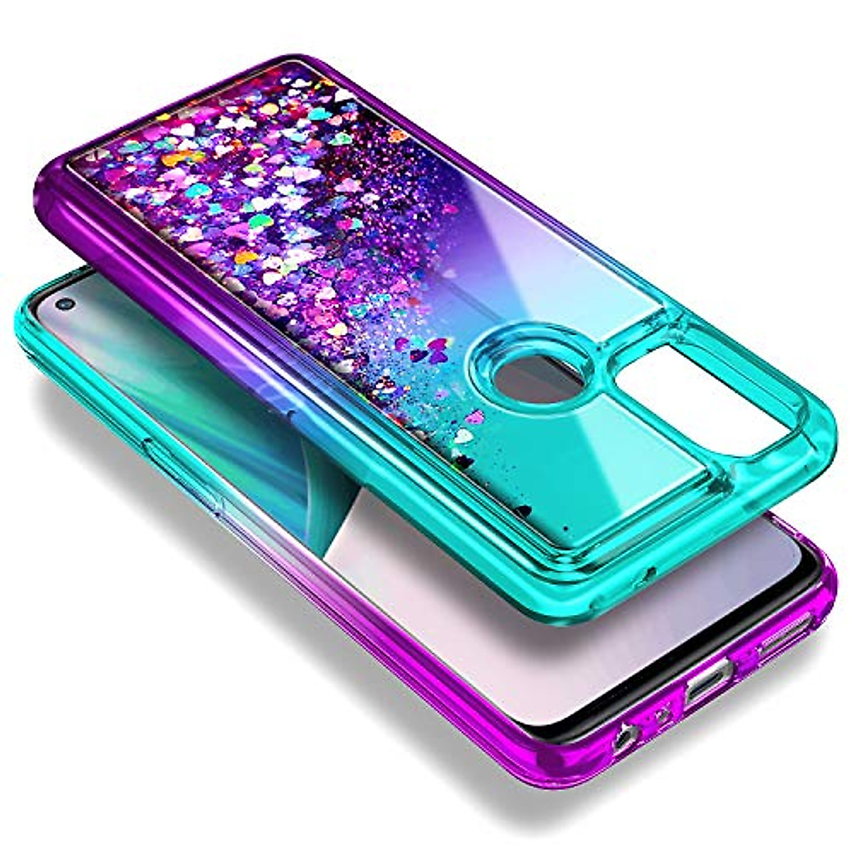 NZND Case for OnePlus Nord N10 5G with Tempered Glass Screen Protector (Full Coverage), Sparkle Glitter Flowing Liquid Women Girls Cute Phone Case (Aqua/Purple)