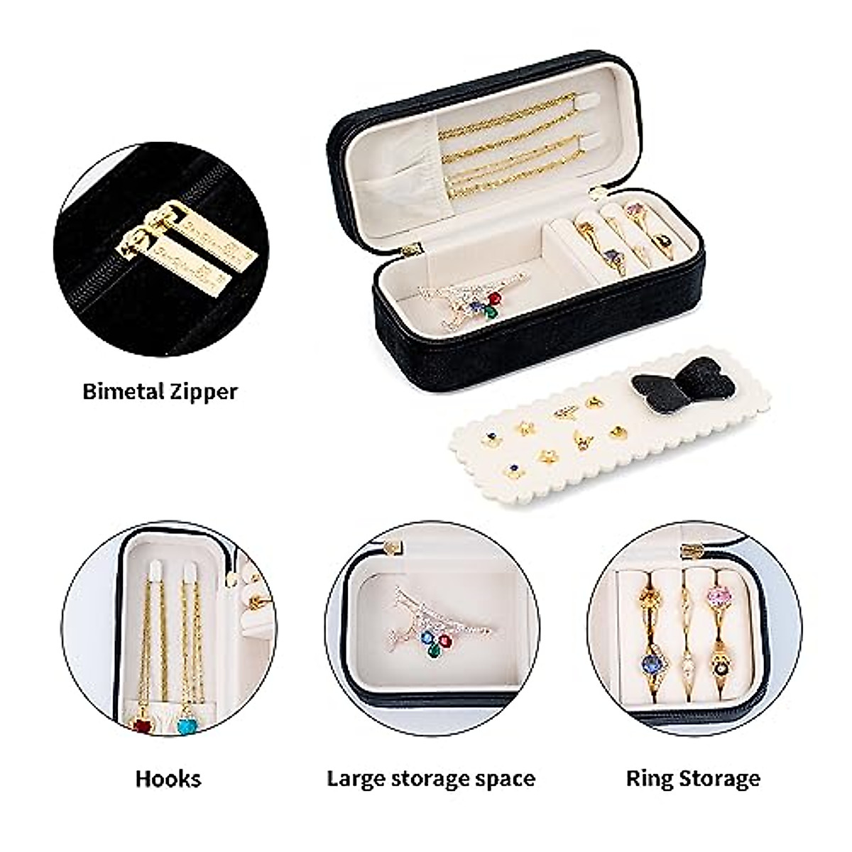 SANQIANWAN Plush Velvet Travel Jewelry Box Organizer for Women Luxury Fluffy Pleuche Portable Small Mini Grils Jewelry Case for Earings Rings Storage Holder (Black)