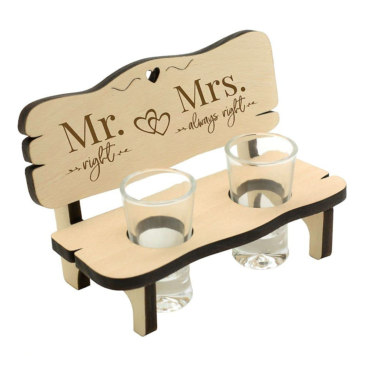 Spruchreif | Engraved Schnapps Bench with 2 Shot Glasses | Alcohol gift | Liquor gift | Wooden Shot Glas Stand with engraving | Funny Wedding Gift | Wedding Gift Ideas | Mr right Mrs always right