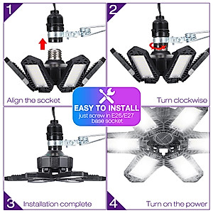 Retisee 6 Pcs LED Garage Lights 120w Deformable LED Garage Ceiling Lights with Adjustable Panels E26/E27 LED Garage Lights Bulb 12000lm Shop Lights for Garage Workshop Basement High Bay Light