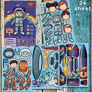 Mocossmy Make a Face Stickers Sheets,24 Sheets Make Your Own Astronaut UFO Rocket Mix & Match Space Themed Stickers,DIY Stickers for Kids Art Crafts School Rewards Birthday Party Favor Supplies Games