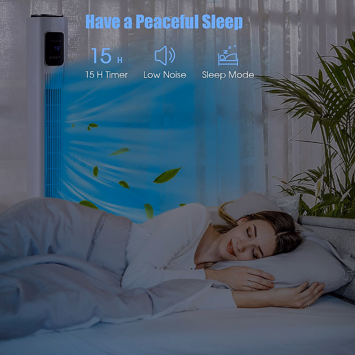 LDAILY 48 Inch Oscillating Tower Fan, Quiet Powerful Bladeless Fan with 3 Speeds, 3 Modes, Remote Control, 15H Timer, LED Display, Floor Standing Household Fan for Bedroom Living Room Office