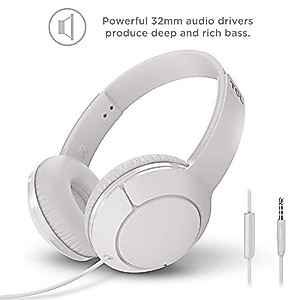 TCL Mtro200 On-Ear Wired Headphones Super Light Weight Headphones with 32mm Drivers for Huge Bass and Built-In Mic – Ash White