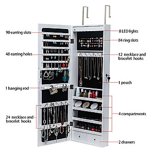 HOUAGI Modern White Jewelry Armoire with 5 LEDs, Mirror, 4 Drawers, Wall Mounted, Jewelry Organizer for Women, Wedding, Birthday, Earring Storage