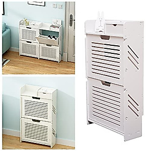 KIOPOWQ Shoe Rack, 2 Tier Shoe Tipping Cabinet Shoe Cabinet for Entryway Portable Shoe Rack Storage Organizer with Top Storage, Drawer for Closet, Entryway, Bathroom, White