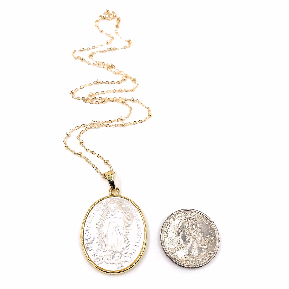 LESLIE BOULES Mother of Pearl Guadalupe Medal Pendant Necklace for Women 18K Gold Plated Chain