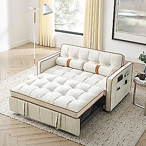 3 in 1 Sleeper Sofa Couch Bed, 55.5" Convertible Loveseat Futon Sofa,Adjustable Backrest, 2 Cylinder Pillows, Side Storage Pockets, Modern Pull Out Sleeper Sofa Bed for Office Living Room (Beige)