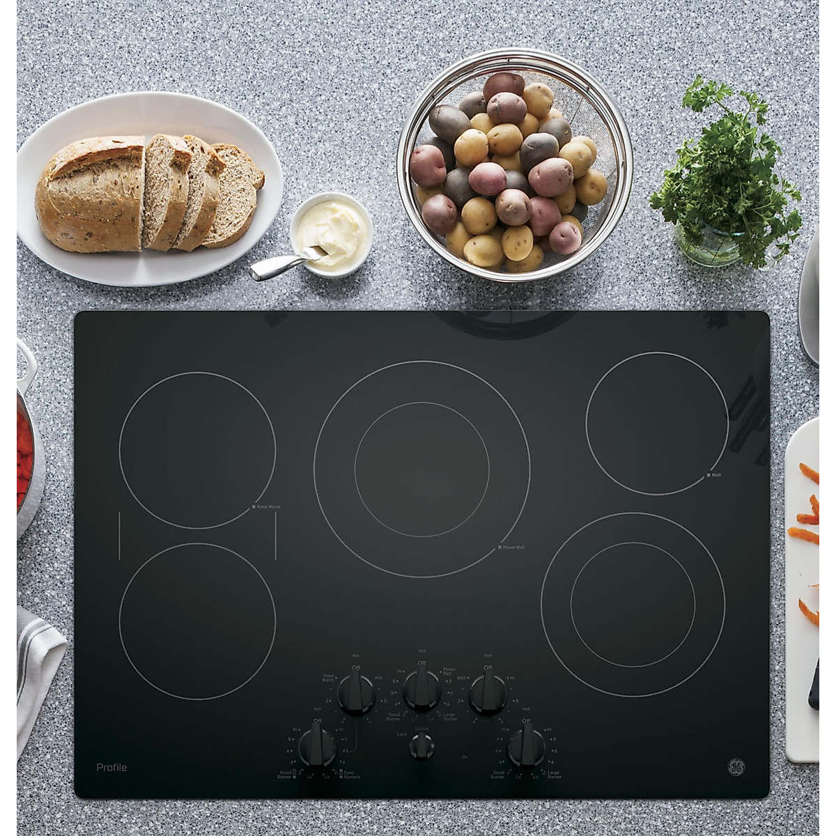 GE PP7030DJBB 30 Inch Electric Cooktop with 5 Radiant, Bridge SyncBurners, 9/6 Inch Power Boil Element, Keep Warm Setting, Red LED Backlit Knobs, ADA Compliant Fits Guarantee