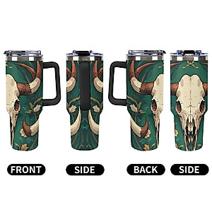 FZQVSGW Bull Skull 40 Oz Tumbler with Handle And Straw Stainless Steel Vacuum Insulated Tumblers Reusable Keep Drinks Cold Coffee Cup Holder Friendly Gifts for Women Men Car Gym Travel
