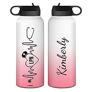 winorax Personalized Nurse Water Bottle for Women Heartbeat Stethoscope Nurses Insulated Stainless Steel Sports Travel Coffee Bottle 12oz 18oz 32oz Gifts for Nurse Week RN CNA Graduation (Gradient 2)
