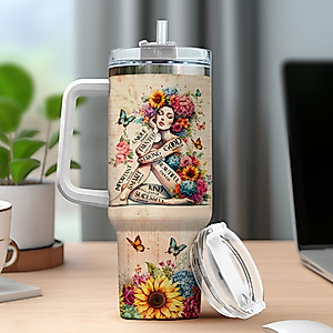 99WHALE Tumbler 40 Oz With Handle Lid And Straw, Bonus Mom Gifts, Bonus Mom Girl Mental Flowers, Simple Coffee Eleven Floral Modern Straws Royal Mother Be Best Purple To Butterfly