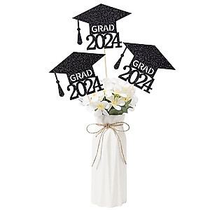 Gexolenu 10 Pack Black Graduation Centerpieces for Tables, 2024 Graduation Glitter Double-Sided Cap Table Decorations Party Centerpiece Sticks Table Topper Party Favors Supplies