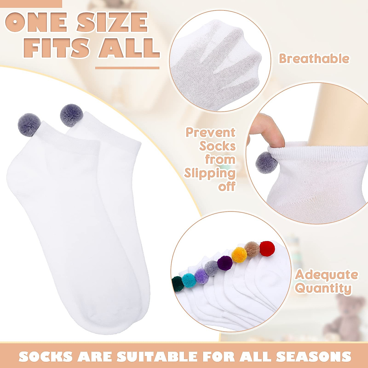 Geyoga 12 Pairs White Ankle Socks with Pom Pom Balls Lowcut Pom Pom Performance Socks Seamless Soft Low Cut Socks Athletic Socks (Multicolor)