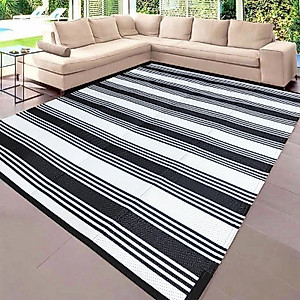 Pcinfuns Plastic Straw Rug,Patio Rugs RV Camping Rug Reversible Mat,6'x9' Reversible Mats Large Floor Mat and Rug for Outdoor,Black & White Thin Stripe