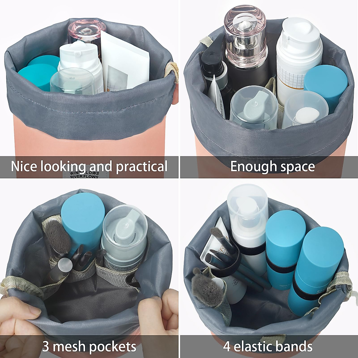 2 Pack Travel Makeup Bags Waterproof Cosmetic Bags Multifunctional Bucket Toiletry Bag Make up Organizer Barrel Cases Kit Storage pocket Soft Collapsible Portable Cosmetic Cases