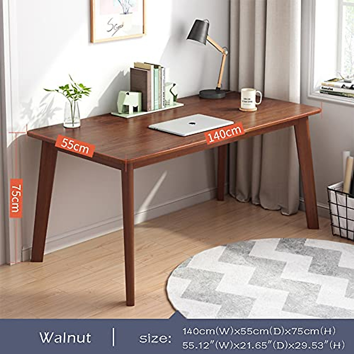 IOTXY Simple Wooden Writing Desk - Freestanding Modern PC Laptop Computer Workbench with Solid Wood Legs for Home Office, TV Table, Music Live Desk, Walnut