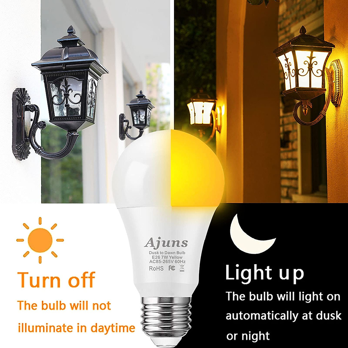 Ajuns Dusk to Dawn Bug Bulb Outdoor Sensor Yellow Bug Light Bulbs Automatic On/Off，for Terrace, Deck, Backyard, Porch, 7W Yellow Lights 2000K, 2 Packs