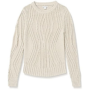 Amazon Essentials Women's 100% Cotton Crewneck Cable Sweater, Beige, Small
