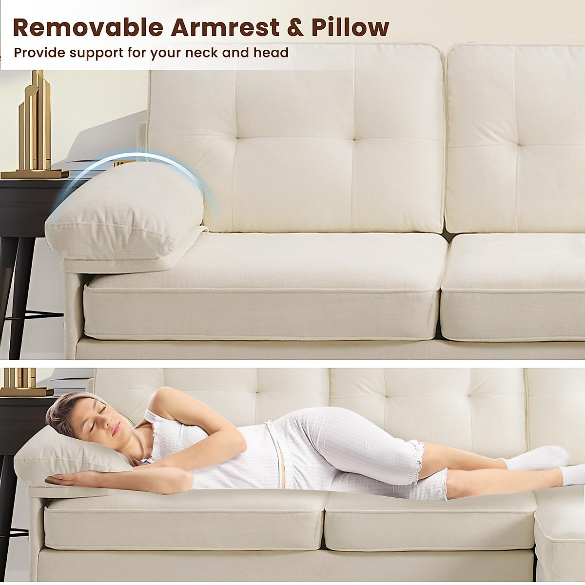 LANELIFE 83.07" W 3-Seat Sofa, L Shaped Reversible Sectional Sofa Bed,Extra Wide Convertible Chaise Lounge with Removable Cover, Chenille Couch for Living Room, Apartment and Small Space (White)