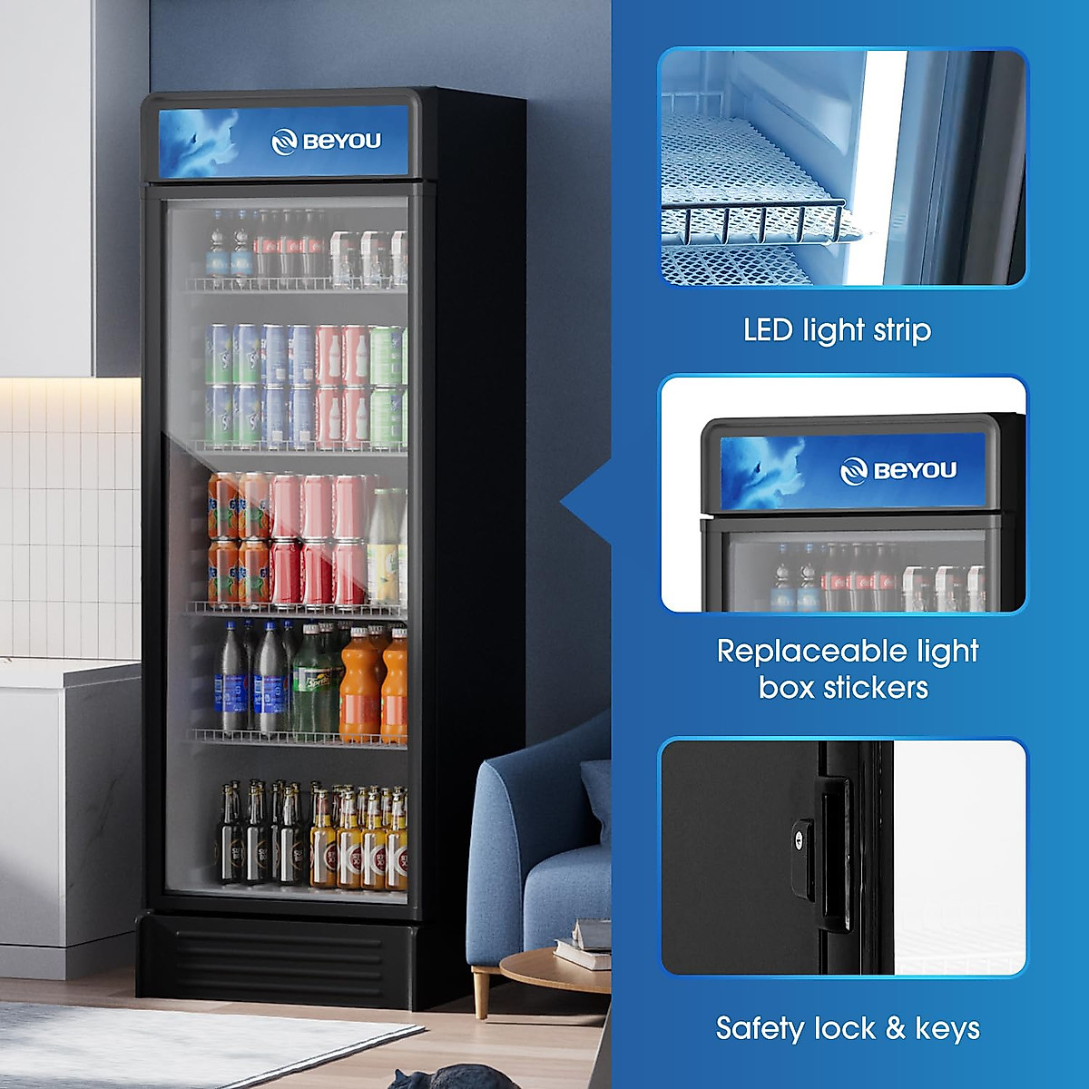 BEYOU Commercial Refrigerator, 12.2 cu. Ft Upright Beverage Display Merchandiser with single Glass Door, Drink Cooler for Living Room,Bar,Garage（Black）