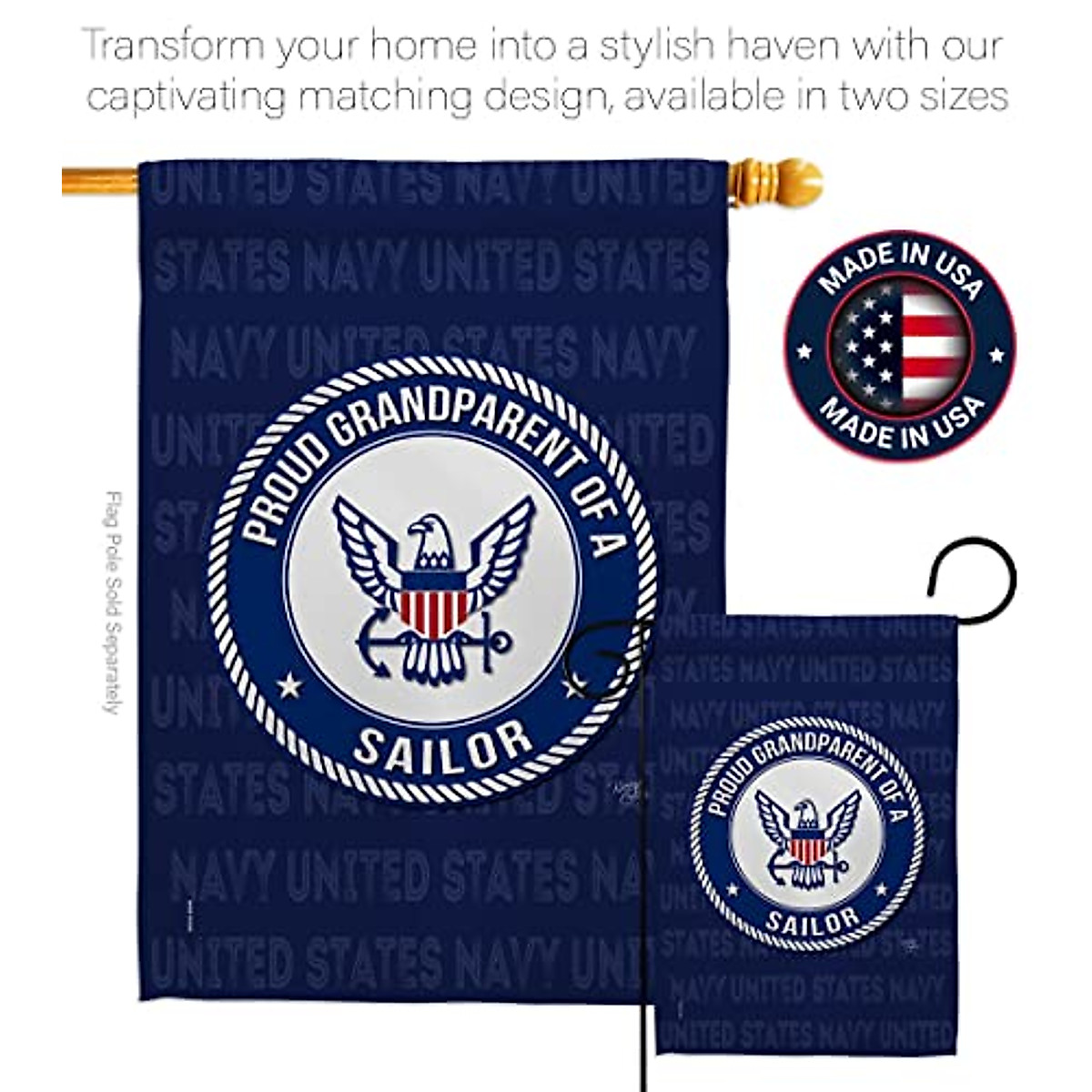 Breeze Decor Proud Grandparent Sailor Garden Flag Armed Forces Navy USN Seabee United State American Military Veteran Retire Official House Banner Small Yard Gift Double-Sided, Made in USA