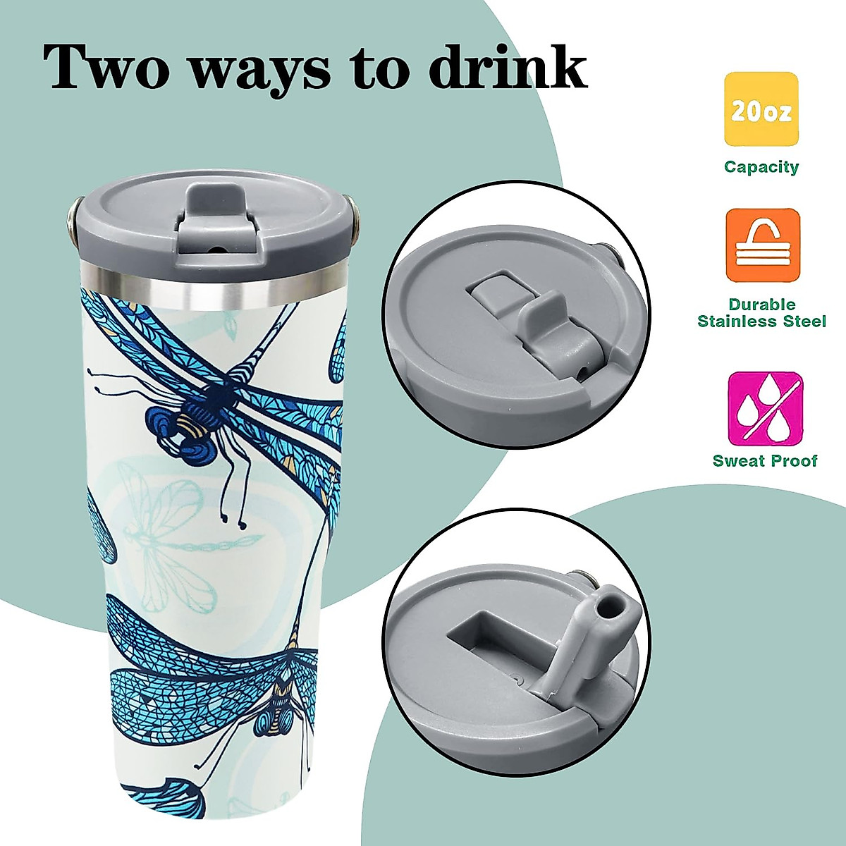 Dragonfly Tumbler with Handle and Straw, Stainless Steel Vacuum Insulated Flip Straw 30 oz Dragonfly Tumbler Spill Proof Coffee Travel Mug Dragonfly Gifts for Women
