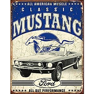 Desperate Enterprises Classic Ford Mustang Tin Sign - Nostalgic Vintage Metal Wall Decor - Made in USA - 12.5" W x 16" H