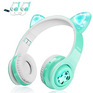 Woice Kids Bluetooth Headphones, Cat Ear LED Light Wireless Foldable Headphones Over Ear with Mic, Music Sharing Function and 0-85dB /110dB Limited for iPhone/iPad/Smartphones/Laptop/PC(Mint)