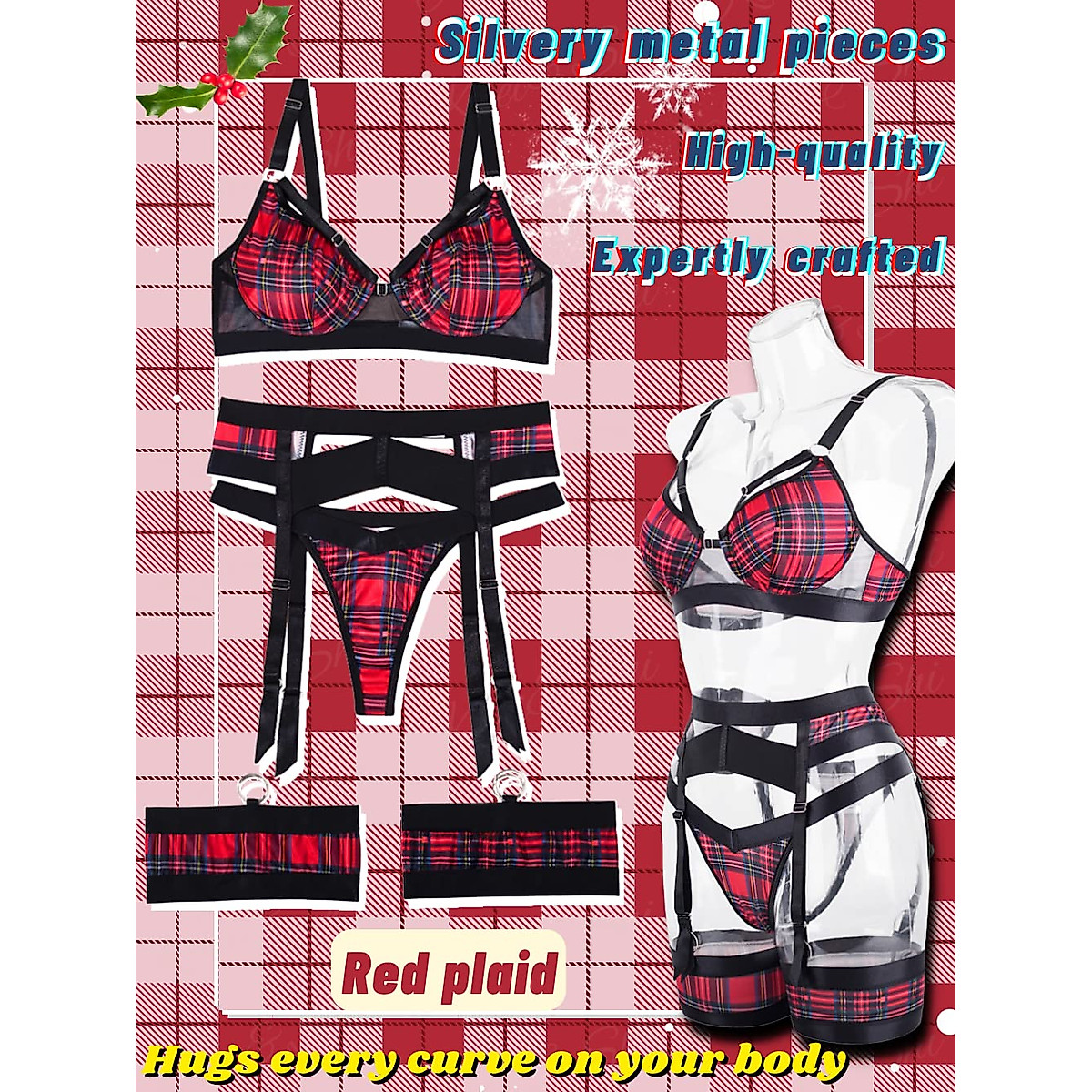 Kaei&Shi Garter Belt Thong Lingerie for Women,Strappy Hollow Out Sexy Lingerie,Underwire Mesh Sheer Matching 4 Piece Lingerie Set Boudoir Outfits Costumes Black Red Plaid 2X-Large