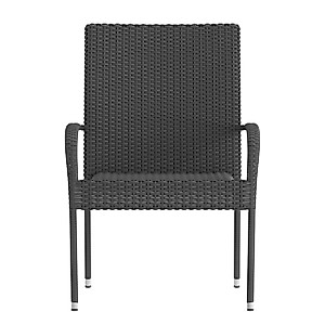 EMMA + OLIVER Sala Stacking All-Weather Patio Chair - Gray Woven Polyethylene Wicker - Powder Coated Steel Frame - for Indoor & Outdoor Use - Set of Four