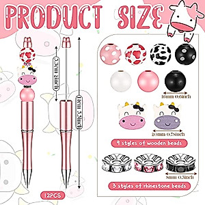 12 Set Plastic Beadable Pens Assorted Bead Pens Wood Beads Crystal Spacer Beads Set Round Beads Black Ink Ballpoint Pen DIY Bead Pen Set for Women Kids Gifts School Office Supplies (Cow Print)