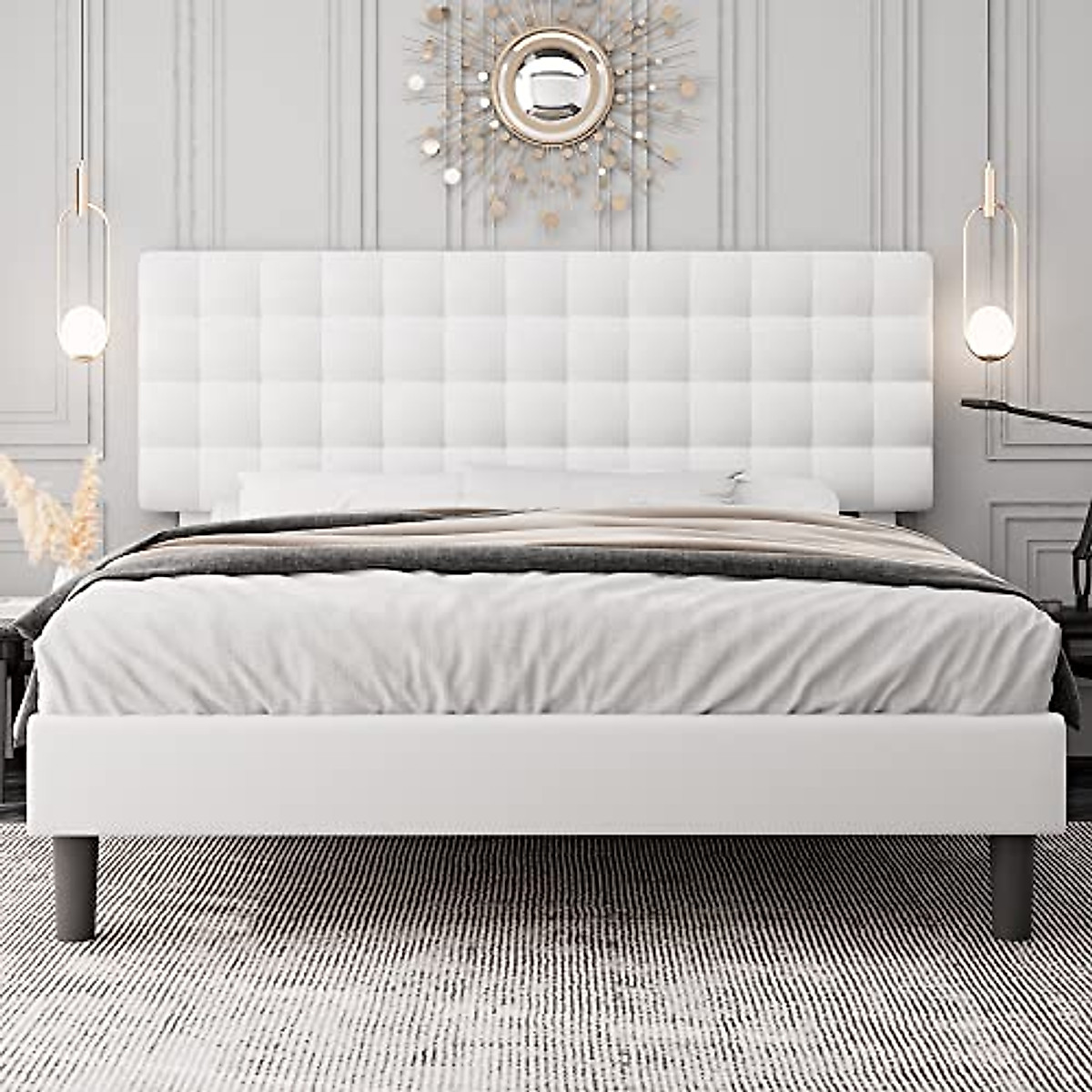 Feonase King Size Bed Frame with Square Stitched Headboard, Faux Leather Upholstered Platform Bed Frame, High-Density Sponge Filled, Solid Wood Slats, No Box Spring Needed, Noise-Free, White