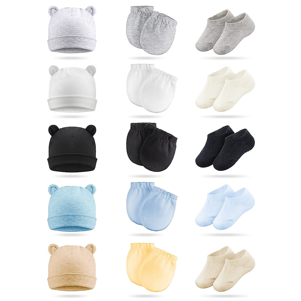 Baby Hats Mittens and Socks Set Include 5 Pieces Newborn Beanie Caps with Cute Bear Ears 10 Pieces No Scratch Mittens and 10 Pieces Non-Slip Baby Socks for 0-6 Months Baby Boys and Girls