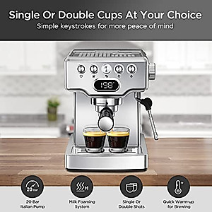 Geek Chef Espresso Machine, 20 Bar Coffee Machine, Fast Heating Automatic, Latte & Cappuccino Maker with Milk Frother Steam Wand, 1.8L Water Tank, Temperature Display, Stainless Steel
