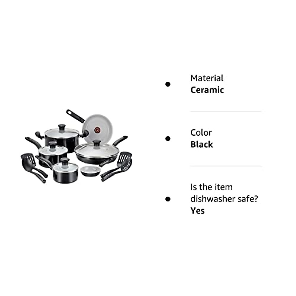 T-fal Initiatives Ceramic Non Stick Cookware Set 14 Piece, Oven Broiler Safe 350F, Kitchen Cooking Set W/ Fry Pans, Saucepans, Dutch Oven, Utensils, Healthy Cooking, Pots and Pans, Home, Black