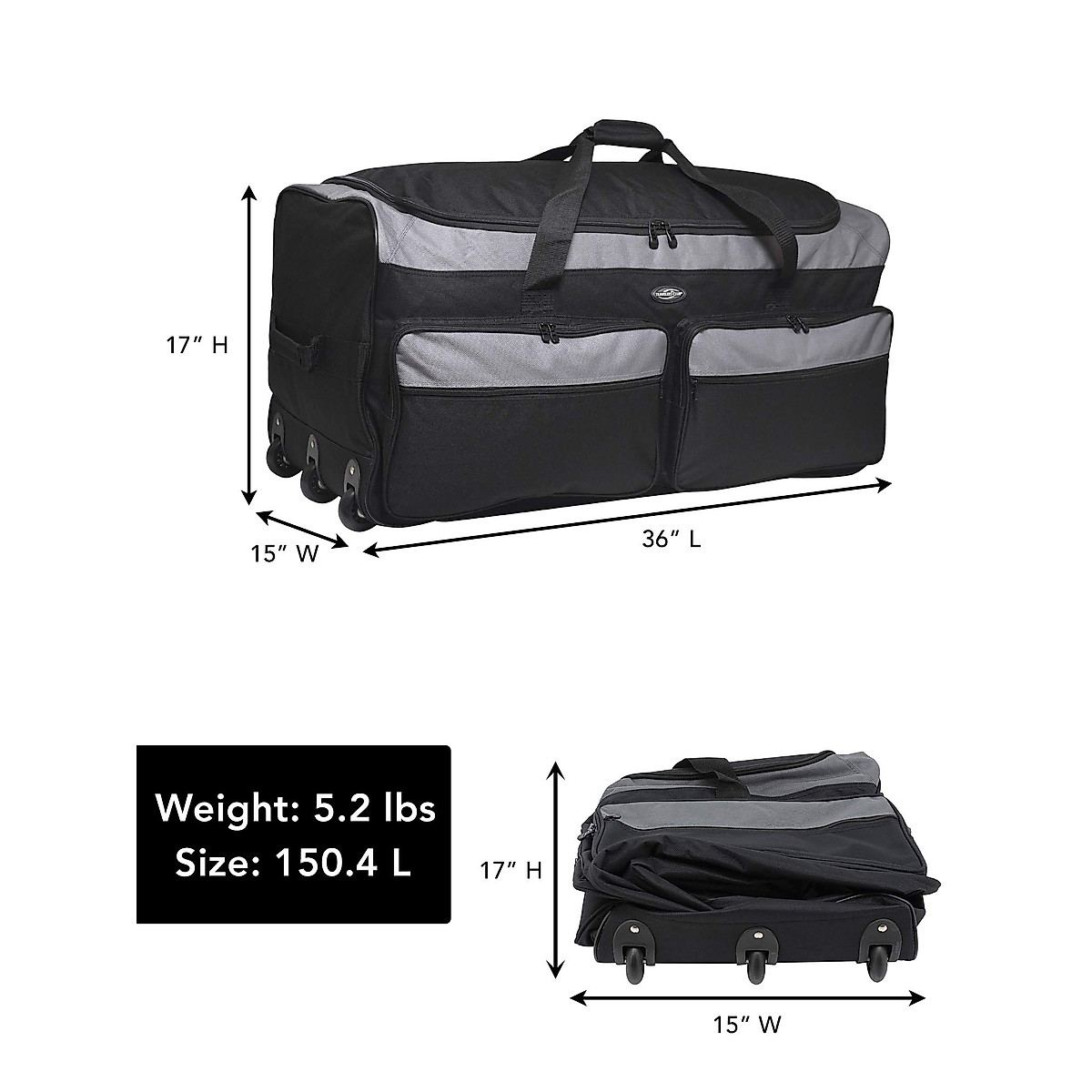 Travelers Club 36" Asgard 3-Wheel Rolling Duffel Bag, Black