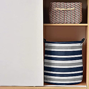 Laundry Basket Striped,Waterproof Collapsible Clothes Hamper Navy Blue Gray and White Stripe,Large Storage Bag for Bedroom Bathroom 16.5x17In