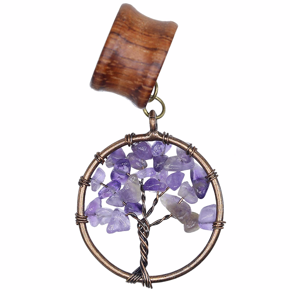 0G 8mm Amethyst Tree of Life Wood Dangle Ear Gauges Piercing Flesh Tunnels Plugs Stretching Kit Expander