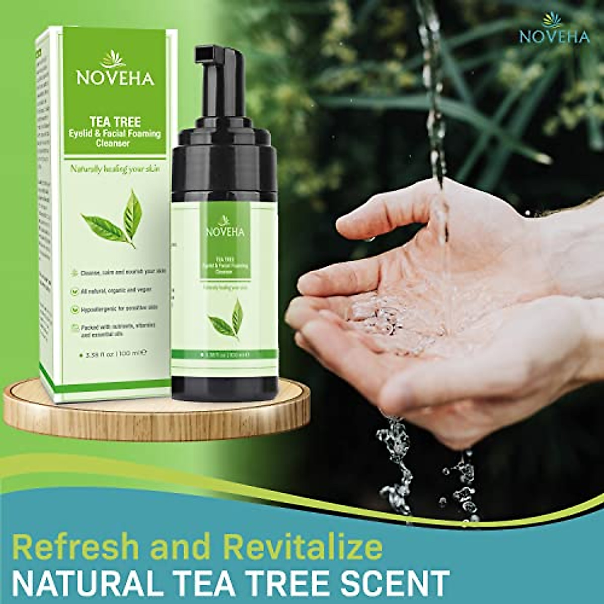 NOVEHA Tea Tree Oil Foaming Cleanser | Therapeutic Daily Skincare For Eyelash & lids, MGD, Eye Irritations, Stye Eyes, Skin Dryness, Moisturize with Organic Ingredients, For All Skin Types 3.38 Fl Oz