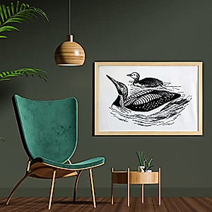 Ambesonne Loon Wall Art with Frame, Pencil Sketch Illustration of Mother and Silhouettes Swimming in Pond, Printed Fabric Poster for Bathroom Living Room Dorms, 35" x 23", Charcoal Grey White