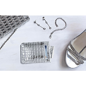 SWEDEY Super Shiny Slim Credit Card Holder Mini Front Pocket Wallet in Mirror Metallic Faux Crocodile pattern (Silver)